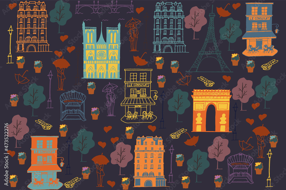 Paris city cartoon illustration. Paris holiday travel doodle drawing ...