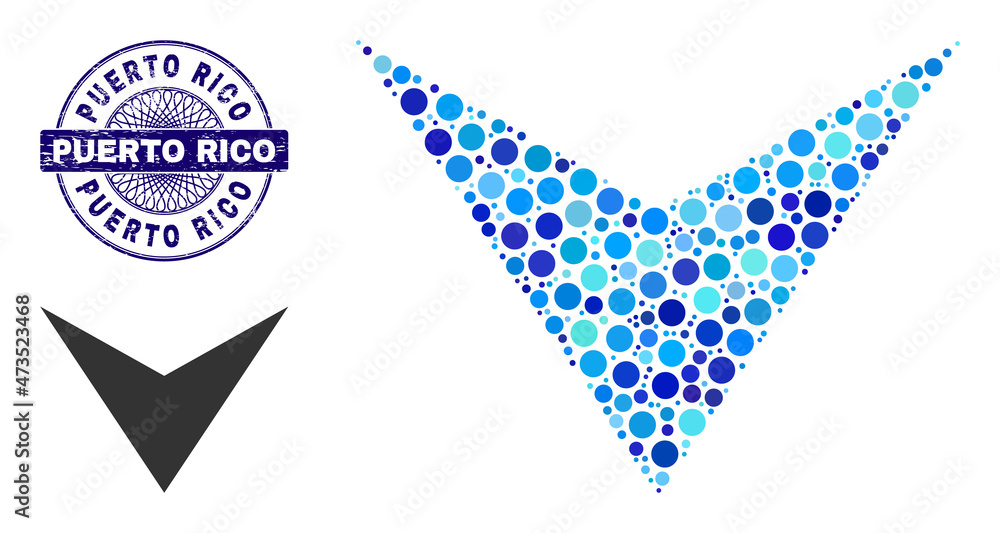 Round dot mosaic arrowhead down icon and PUERTO RICO round rubber stamp ...