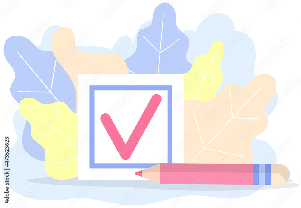 Icon of checklist, daily plan with red tick mark near huge pencil ...