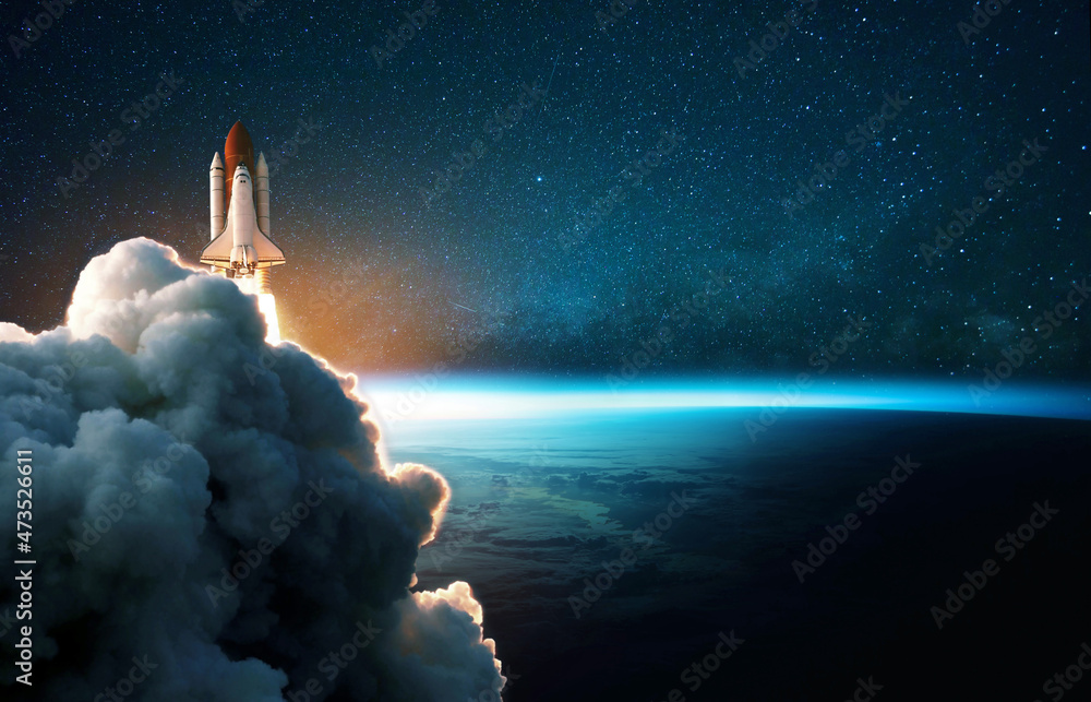 Space rocket lift off into cosmos with smoke and blast on a background ...