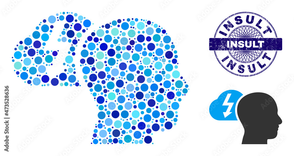 Circle mosaic brainstorming icon and INSULT round textured seal. Blue ...