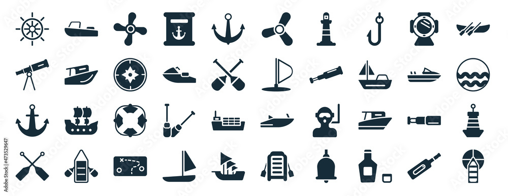set of 40 filled nautical web icons in glyph style such as motorboat ...