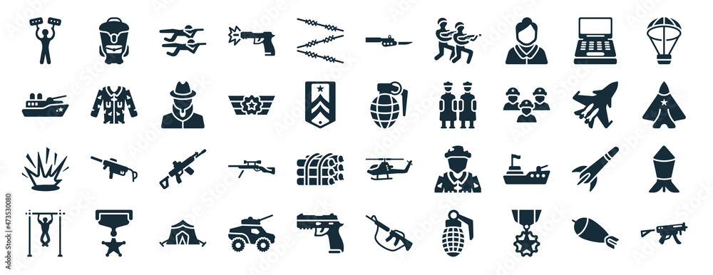 set of 40 filled army and war web icons in glyph style such as backpack ...