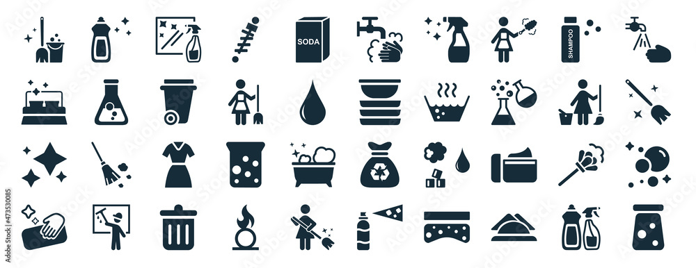 set of 40 filled cleaning web icons in glyph style such as dish soap ...