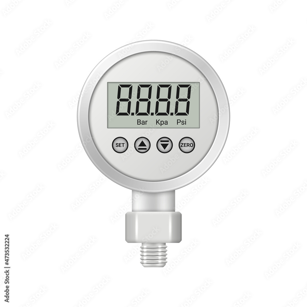 Realistic digital pressure gauge with fitting isolated on white ...