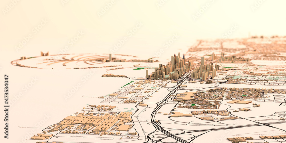 Satellite map of Dubai, United Arab Emirates, city streets. Palaces ...