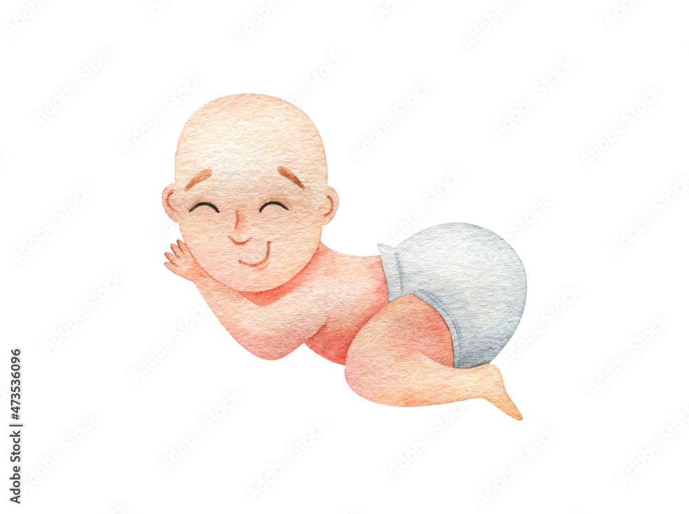 A sleeping gender-neutral baby in a diaper. Cute newborn clipart ...