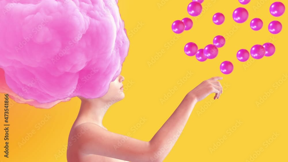 Woman body with cloud on head and flying spheres. Realistic 3d art ...