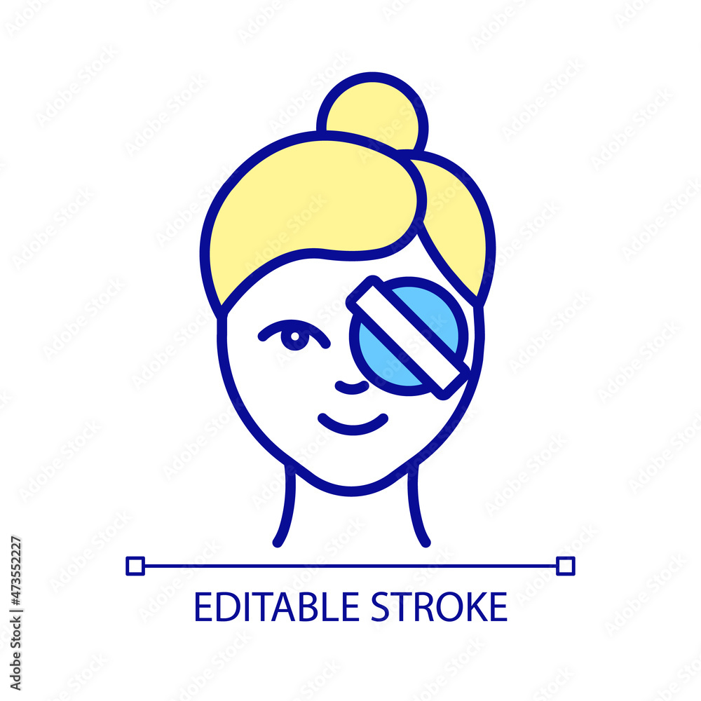 Woman after eye surgery RGB color icon. Recovery after operation ...
