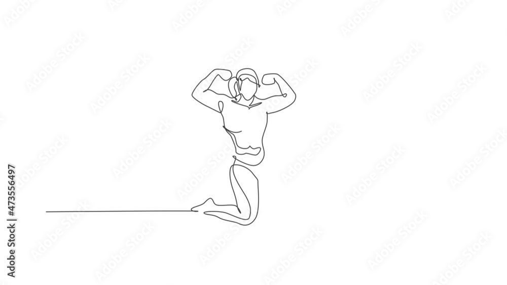 Animated self drawing of single continuous line draw young muscular model woman bodybuilder ...