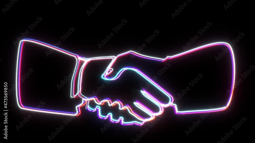 Handshake sign animation, greeting. Neon lines draw a handshake icon on ...