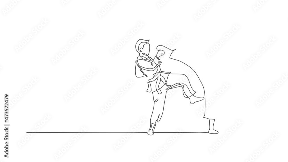 Animated self drawing of single continuous line draw two young ...