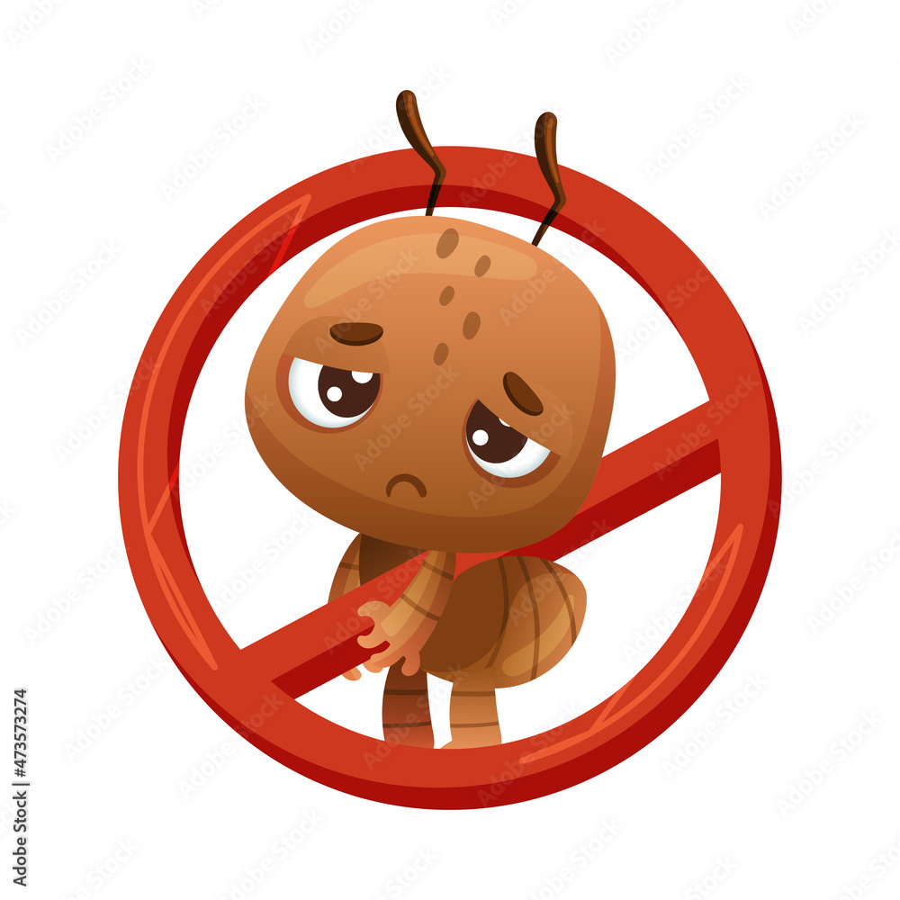 No ants prohibition sign with cute sad ant. Funny insect cartoon ...