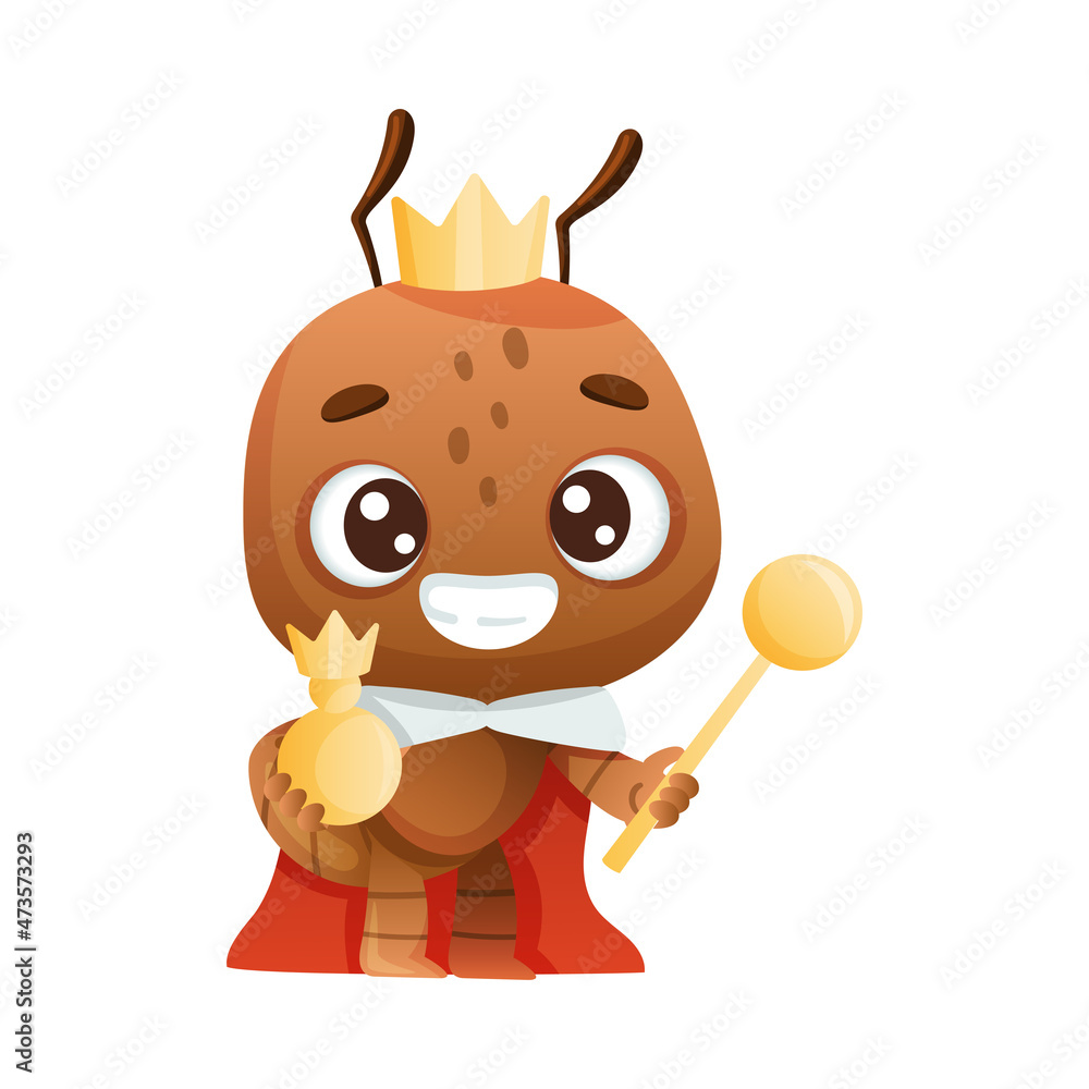 Cute queen ant in red mantle and golden crown. Funny insect cartoon ...
