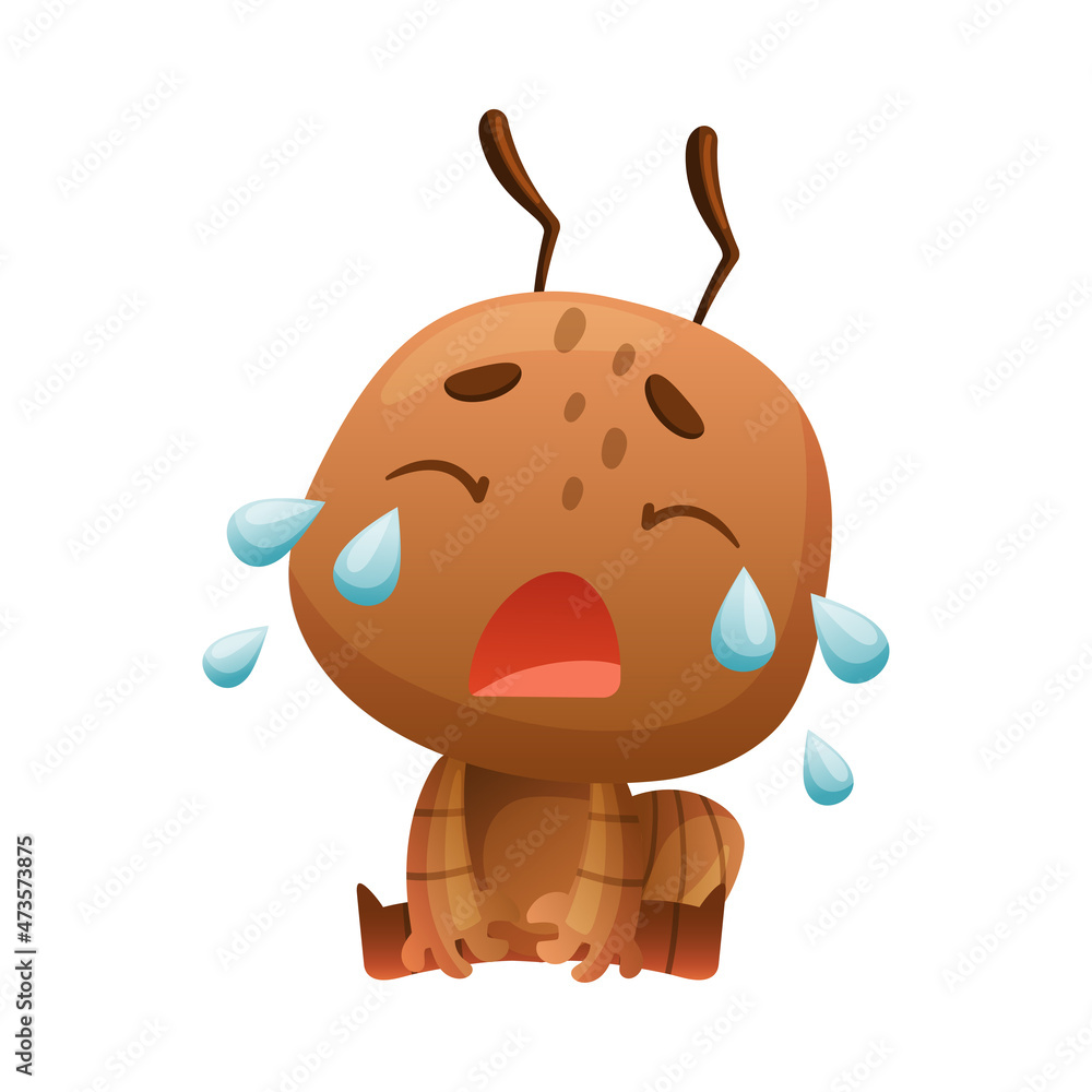 Cute unhappy brown little ant sitting and crying. Funny insect cartoon ...