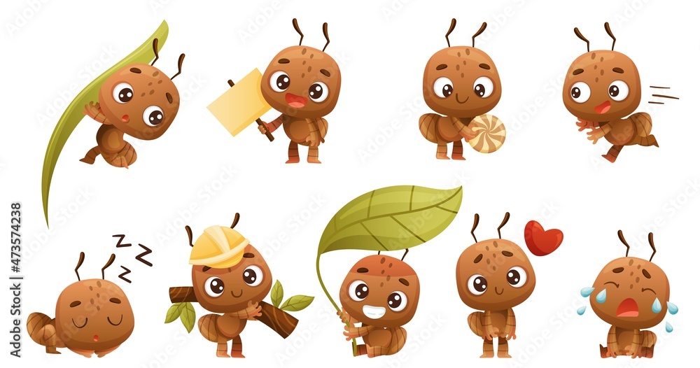 Cute little ant baby doing various activities set. Brown insect cartoon ...