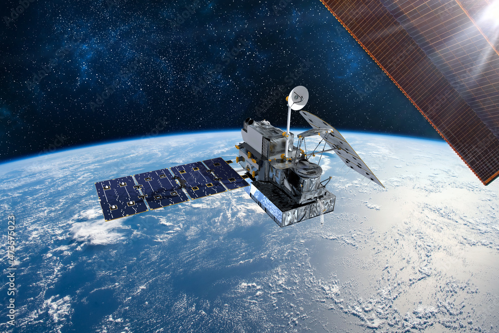 Cargo space craft and Earth planet. Dark background. Sci-fi wallpaper ...