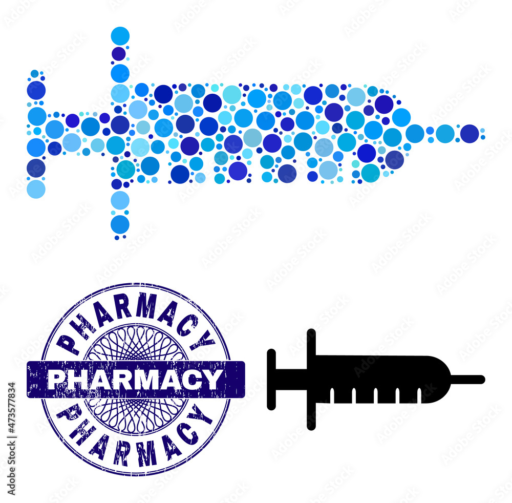 Round dot mosaic syringe icon and PHARMACY round corroded stamp ...
