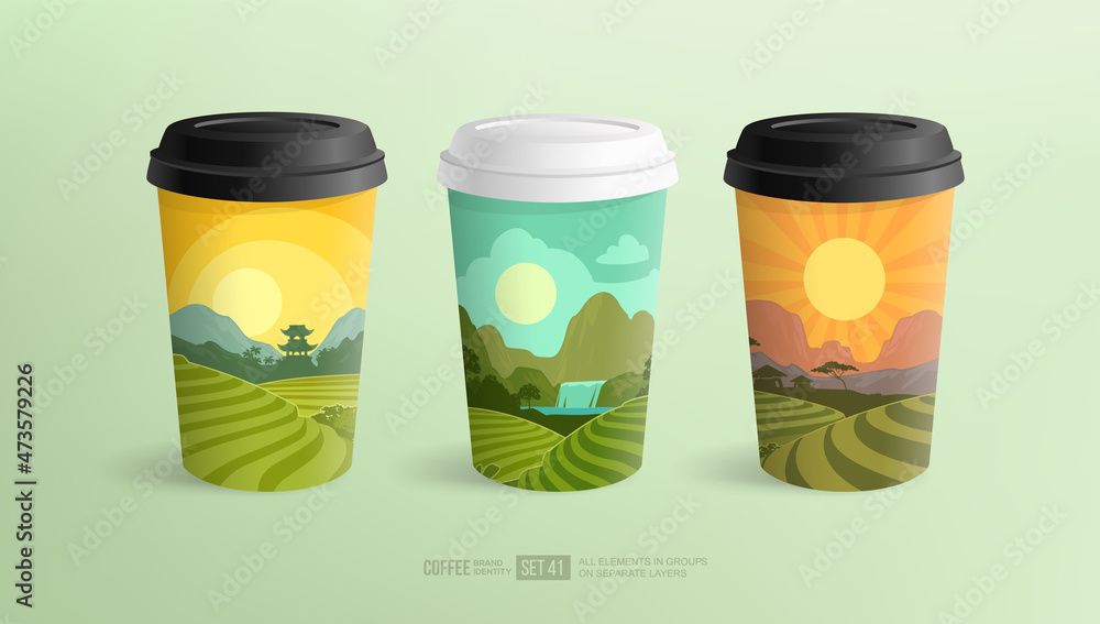 Coffee Cup mock-up set with cover design of plantations and fields ...