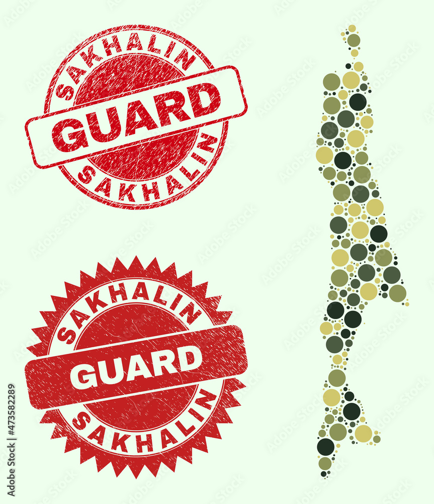 Vector round items collage Sakhalin Island map in camo colors, and ...
