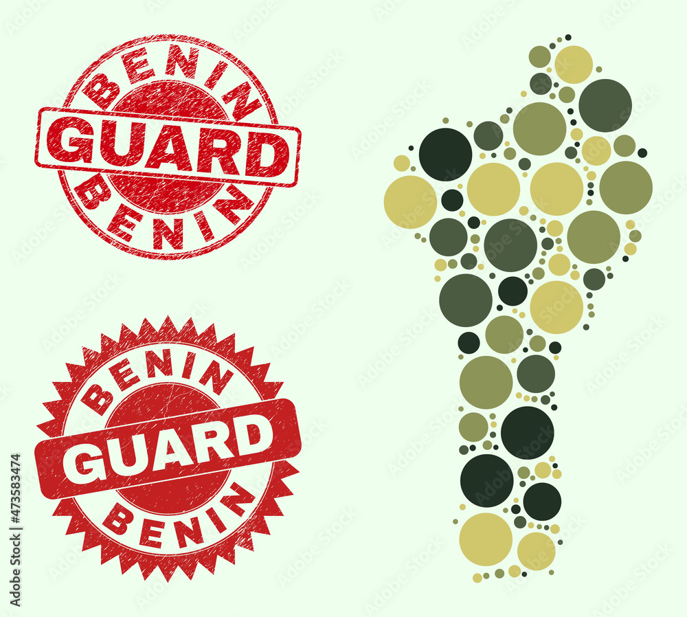 Vector spheric items collage Benin map in khaki colors, and textured ...