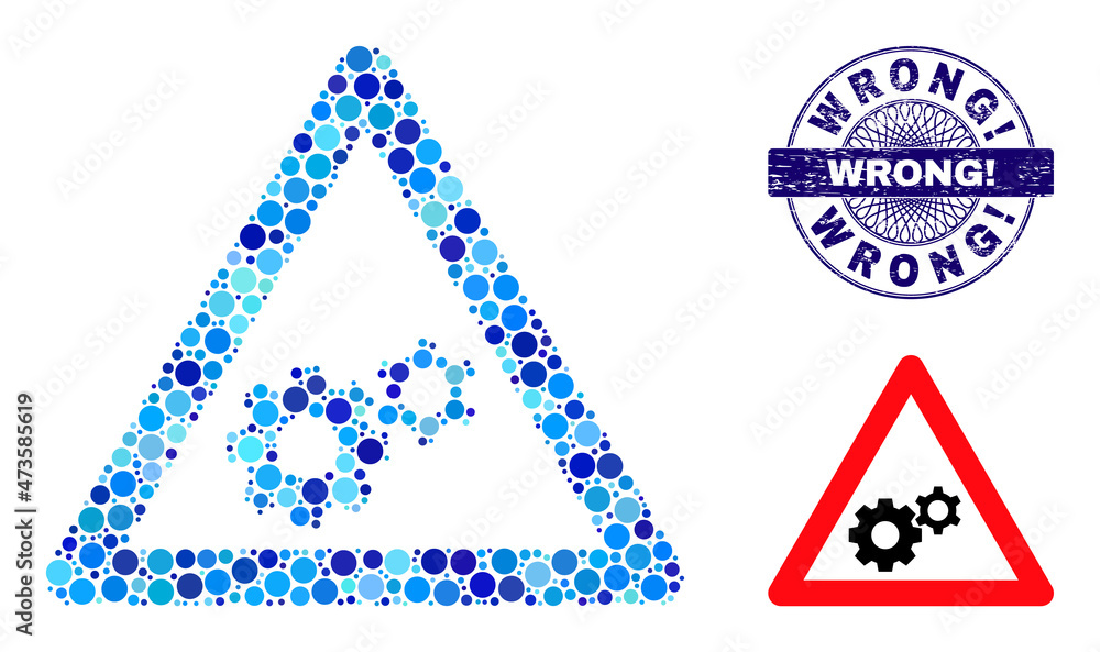 Round dot collage gears warning icon and WRONG! round scratched stamp ...