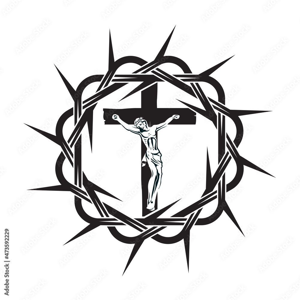 illustration with thorn crown and crucifixion of jesus on cross ...