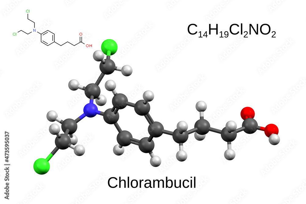 Chemical formula, structural formula and 3D ball-and-stick model of the ...