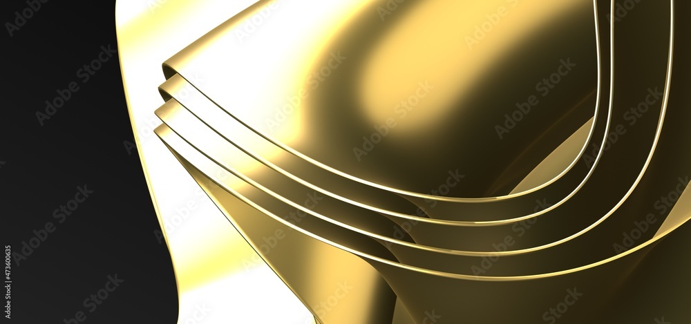 Abstract gold lines are curved on a black background. Optical illusion ...