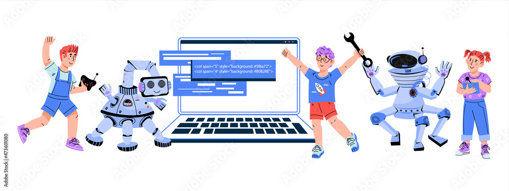 Robotics and programming education for children. Banner with kids and ...