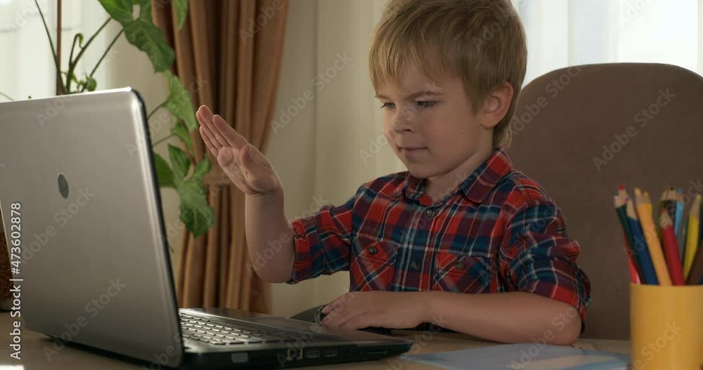 Child Waving Hand Good Bye Video Conference Chat Using Laptop Computer ...