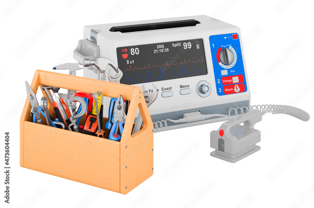Defibrillator with toolbox. Service and repair of automated external ...