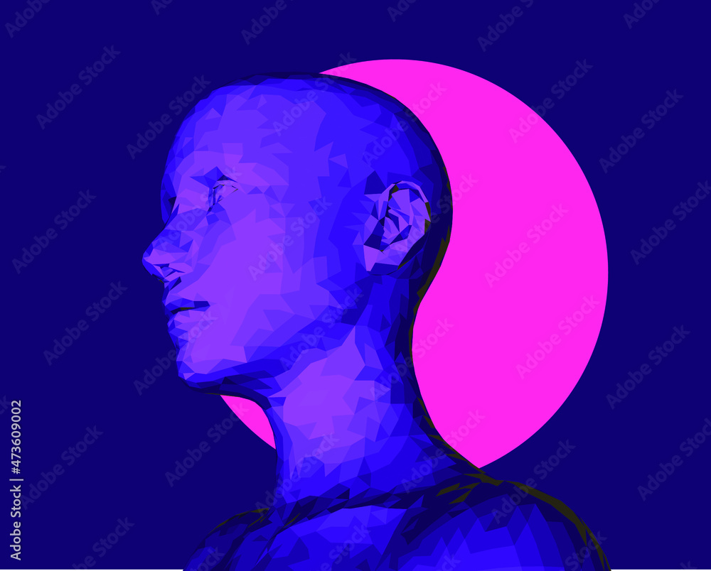 3D low poly wireframe model of a human head made of triangular pieces ...