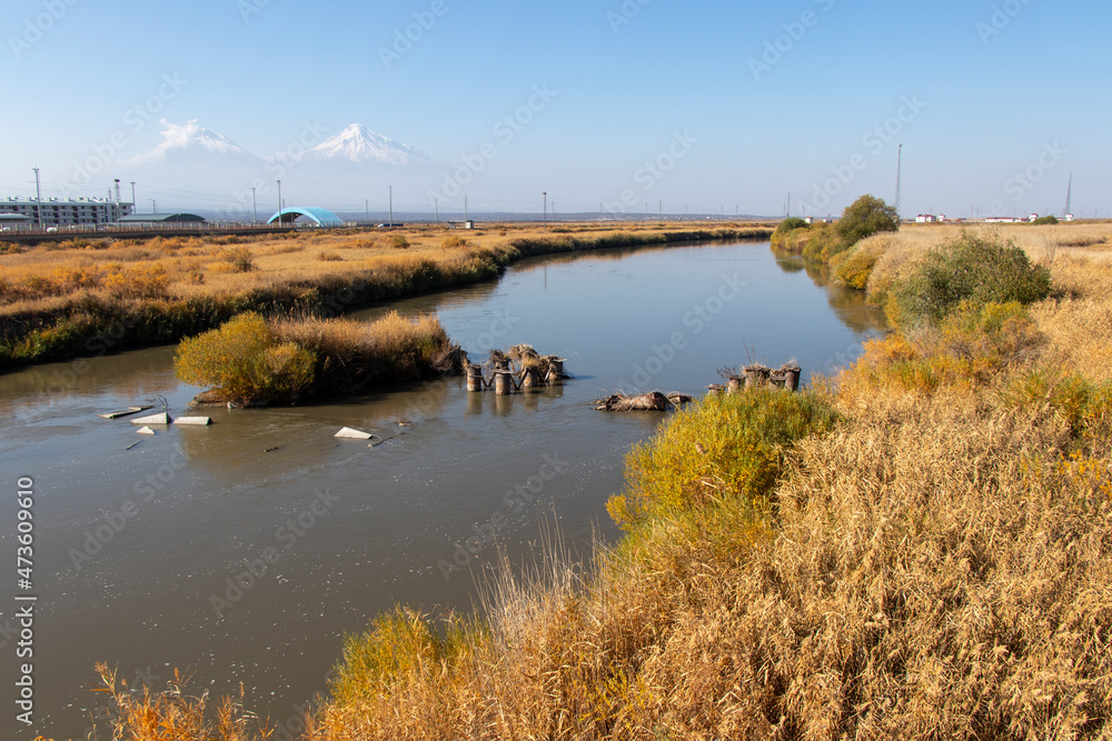Aras river between Nakhchivan and Turkey. The famous river of Aras ...