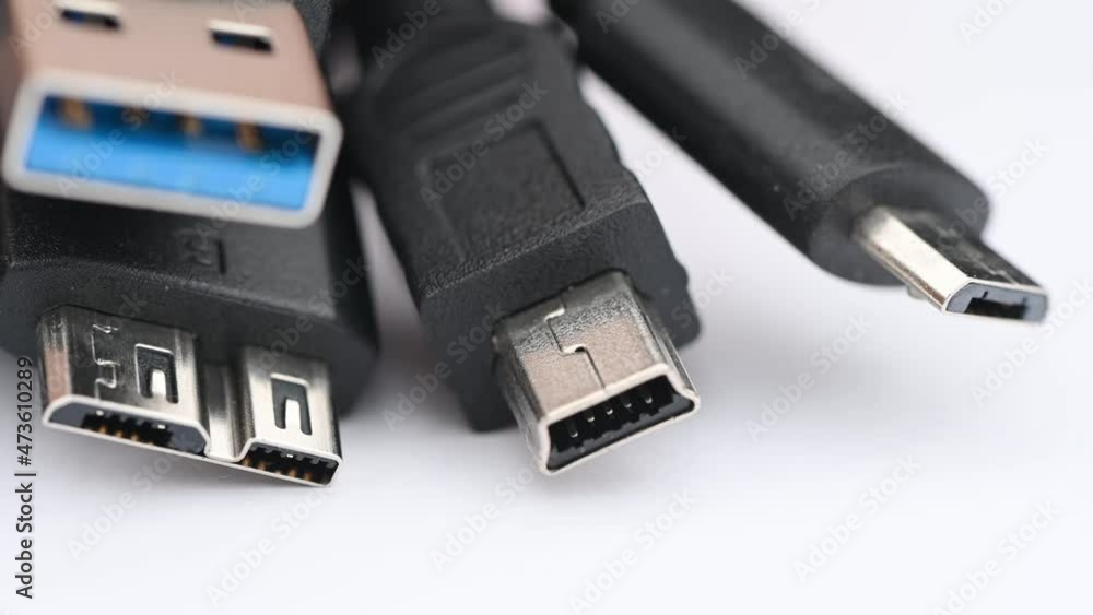 Close up comparison of USB type A type B type C mini micro USB ...