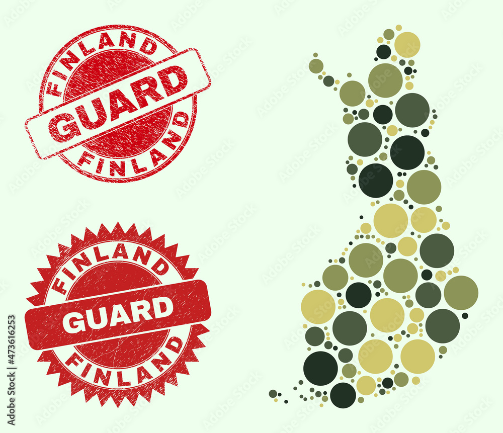 Vector round parts mosaic Finland map in camo colors, and rubber stamp ...