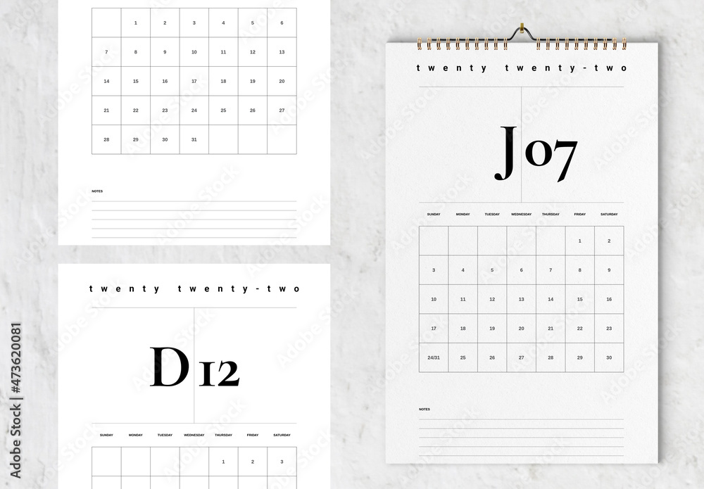 Grayscale Wall Calendar 2022 Layout Stock Template | Adobe Stock