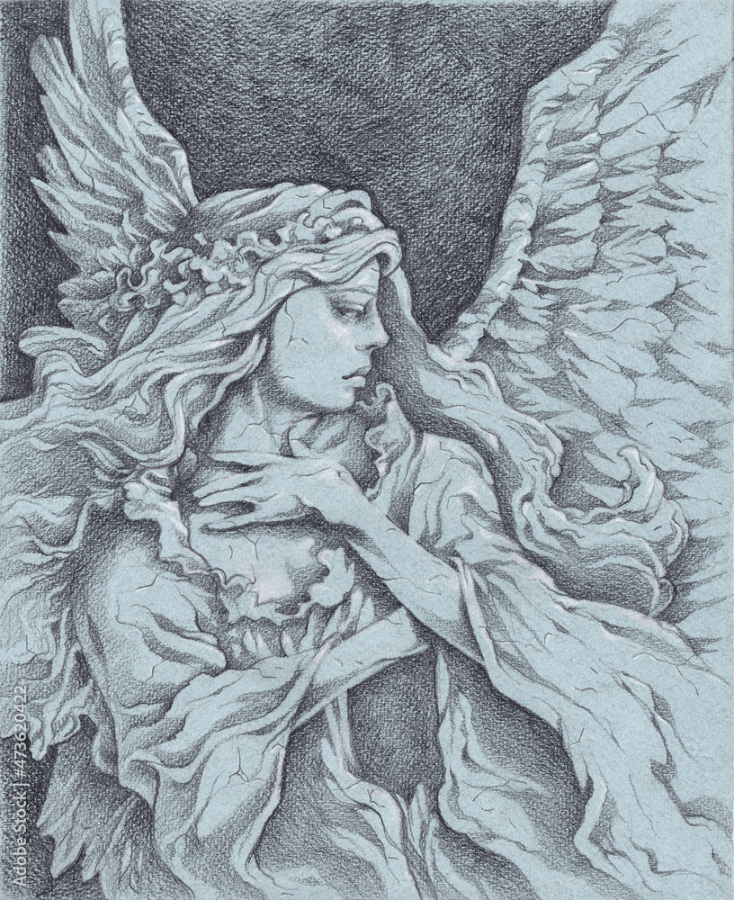 Stone angel in profile. Pencil drawing on colored pastel board. Stock ...