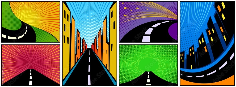 Comic backgrounds with cities, roads, highways and expressways ...