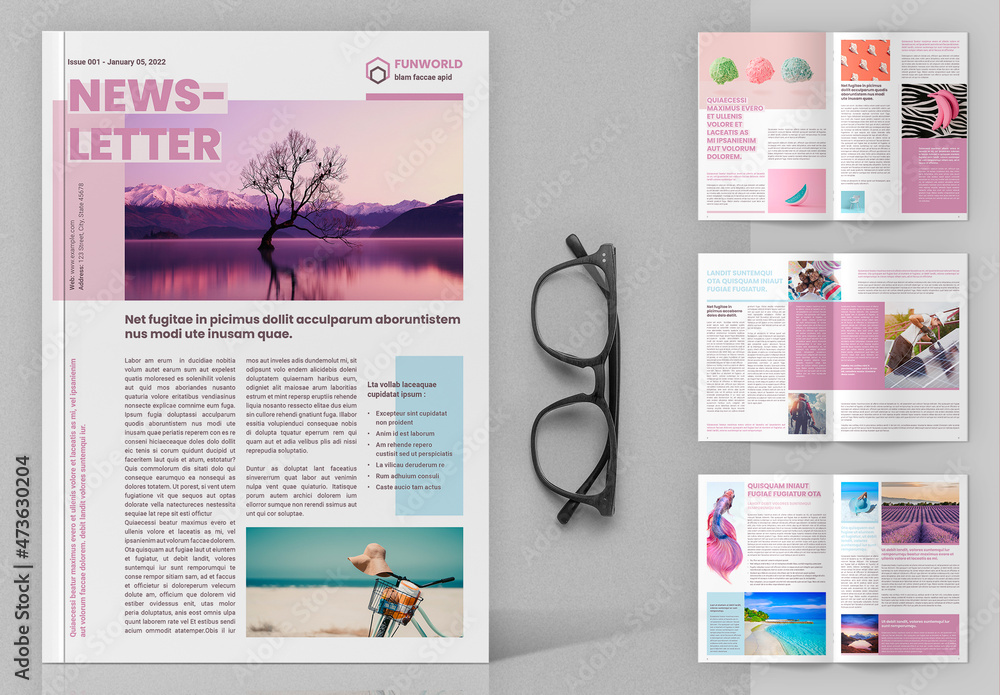 Newsletter Layout with Pink and Cyan Accents Stock Template | Adobe Stock