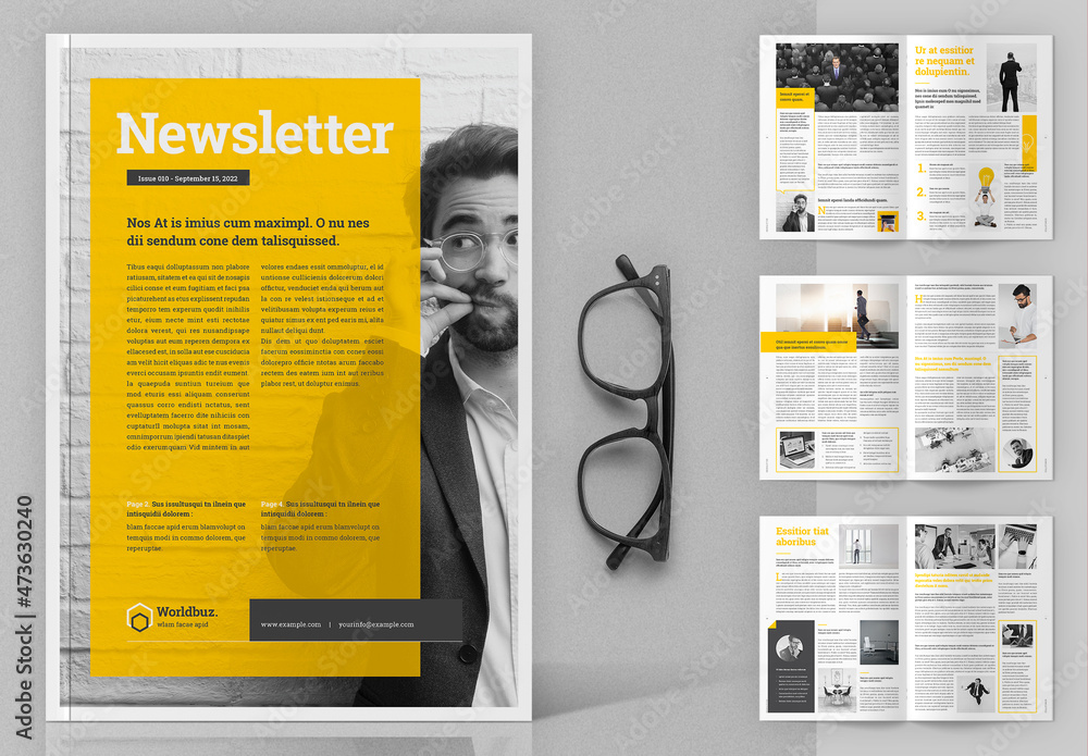 Newsletter Layout with Yellow Accents Stock Template | Adobe Stock