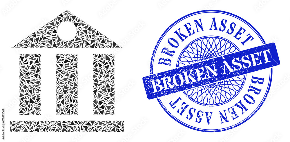 Bank building collage of triangle items, and Broken Asset rubber seal. Blue seal has Broken ...