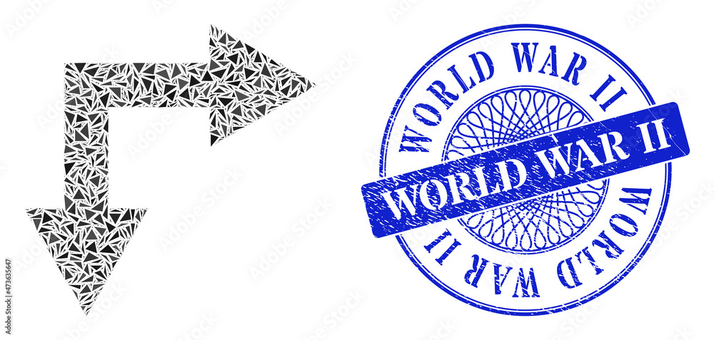 Bifurcation arrow right down collage of triangle particles, and World ...