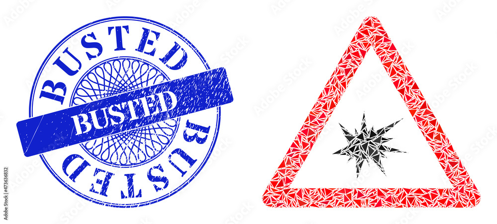Boom warning mosaic of triangle particles, and Busted corroded stamp ...