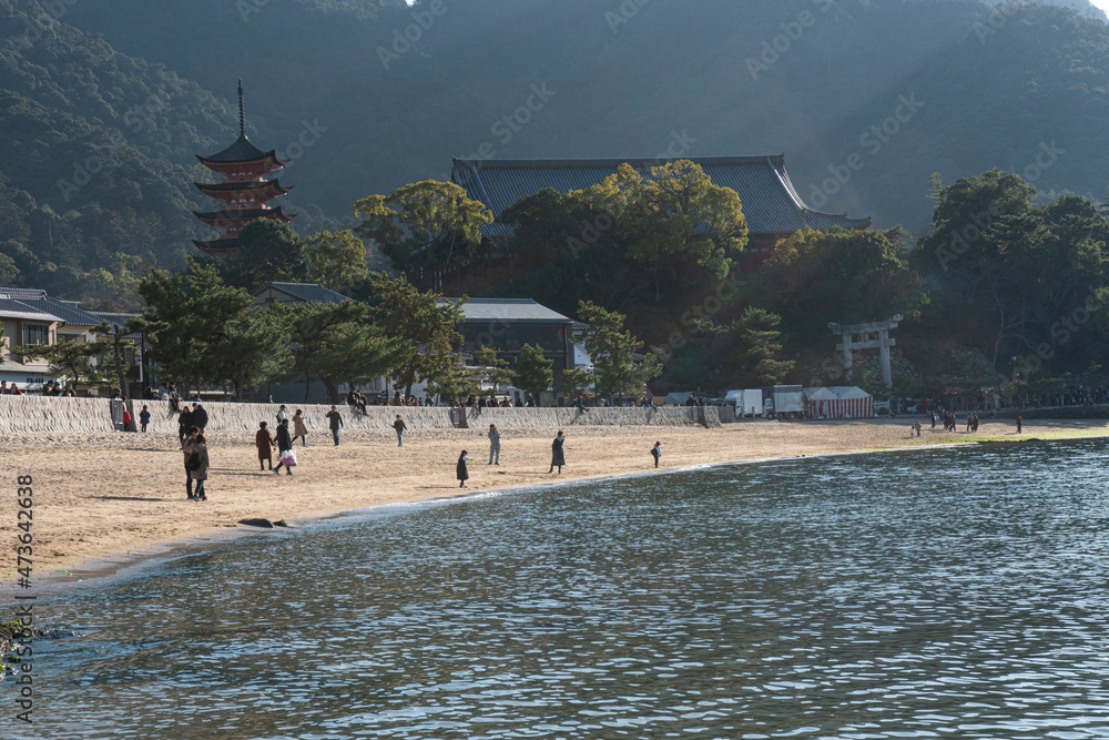 coast route, Japanese shrine with the beach, walk along the coastline ...