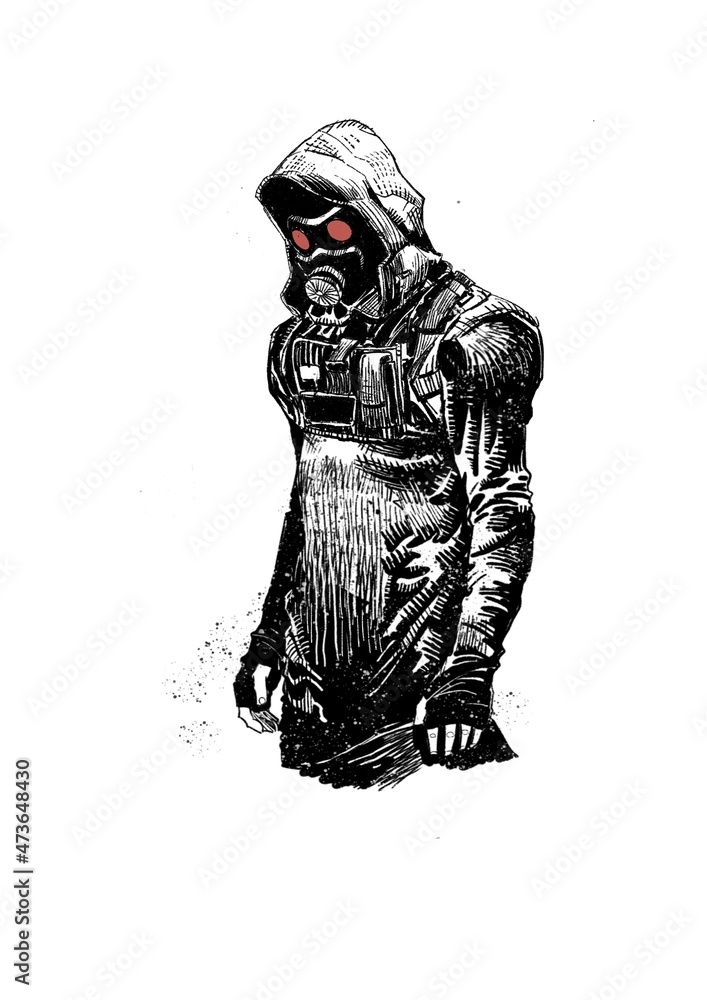 Figure dressed with gas mask and paramilitary uniform, drawn using ...