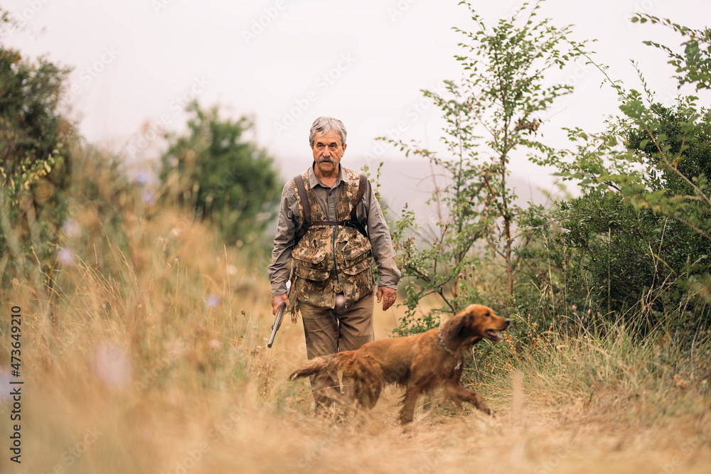 Hunter man with a gun and walking through a field Stock Photo | Adobe Stock