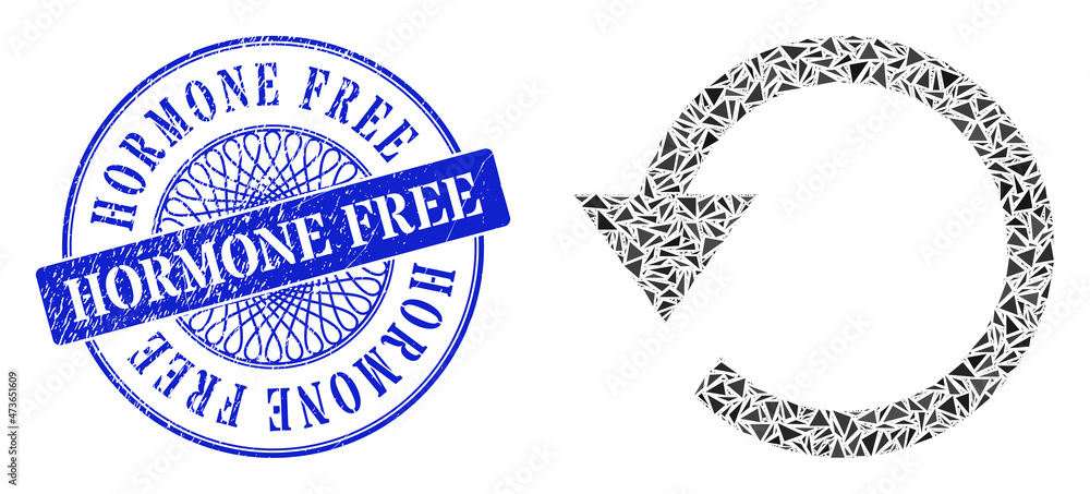 Rotate ccw mosaic of triangle, and Hormone Free textured badge. Blue ...