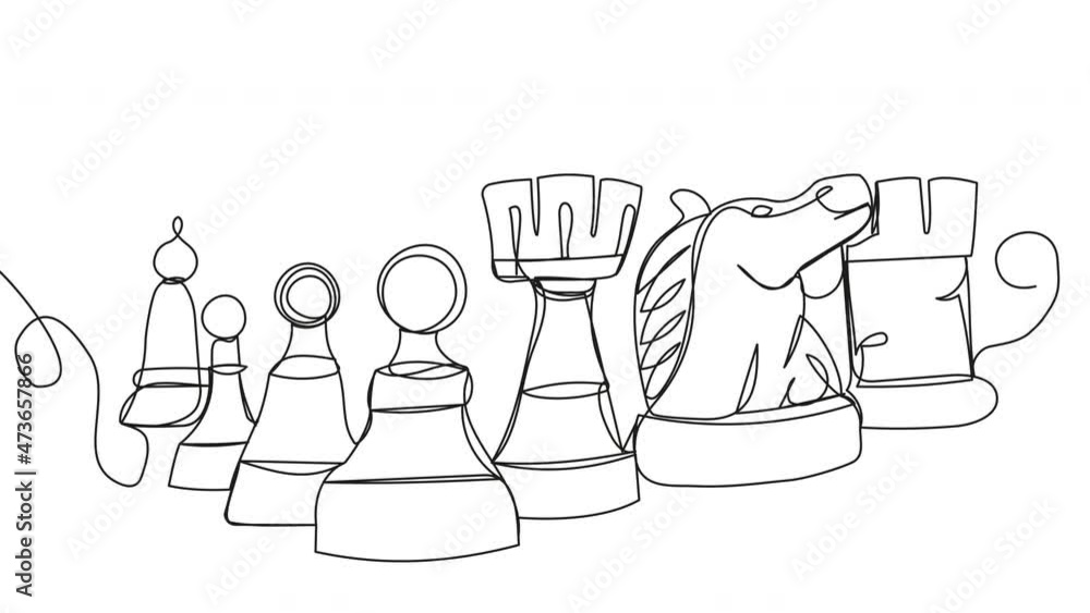 Self-drawing chess pieces in one line on a white background. Animation ...