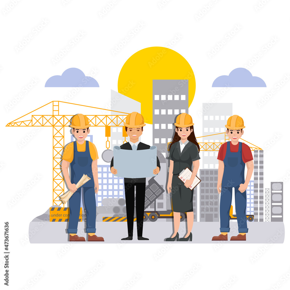 Civil engineer, architect and construction workers group. Vector ...
